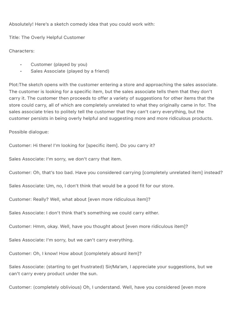 Overly Helpful Customer Sketch Comedy | PDF