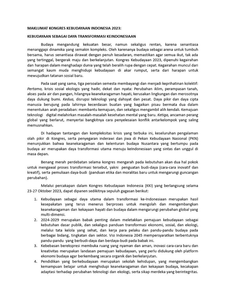 Final Resolusi Kki 2023 - Kebudayaan Sebagai Daya Transformasi Keindonesiaan 2023 | PDF