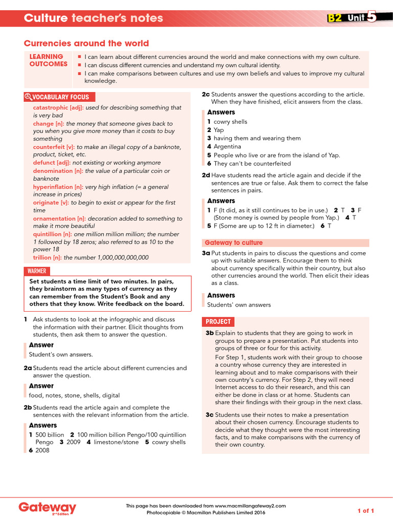 B2 UNIT 5 Culture Teacher's Notes | PDF | Money | Banknote