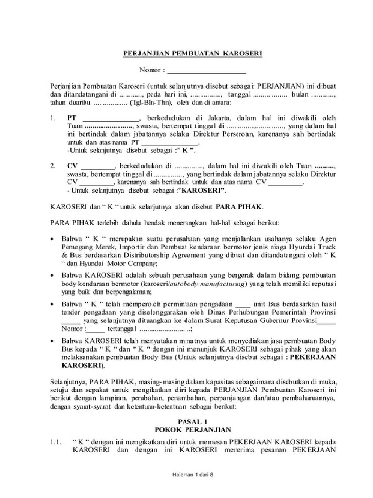 Contoh Perjanjian Pembuatan Karoseri Terbaru | PDF