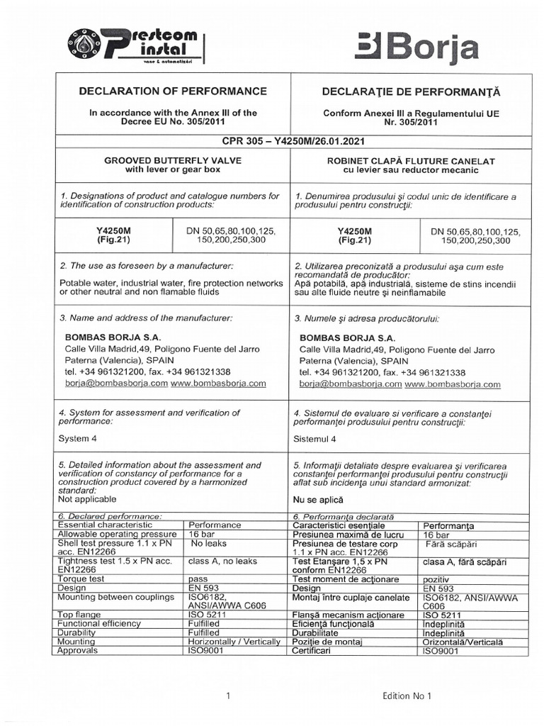 Borja DECLARATION OF PERFORMANCE - PRESTCOM INSTAL | PDF