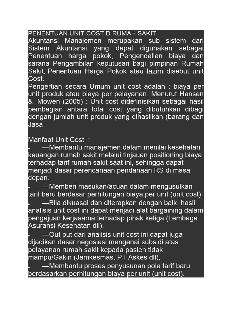 Penentuan Unit Cost D Rumah Sakit | PDF