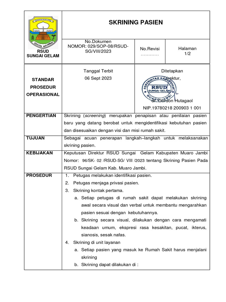 Sop Skrining Pasien | PDF | Sains & Matematika