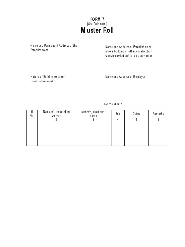 Form 7 Muster Roll for Construction Work | PDF