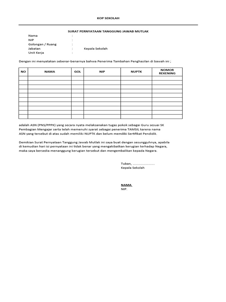Contoh Format SPTJM Penerima Tamsil | PDF