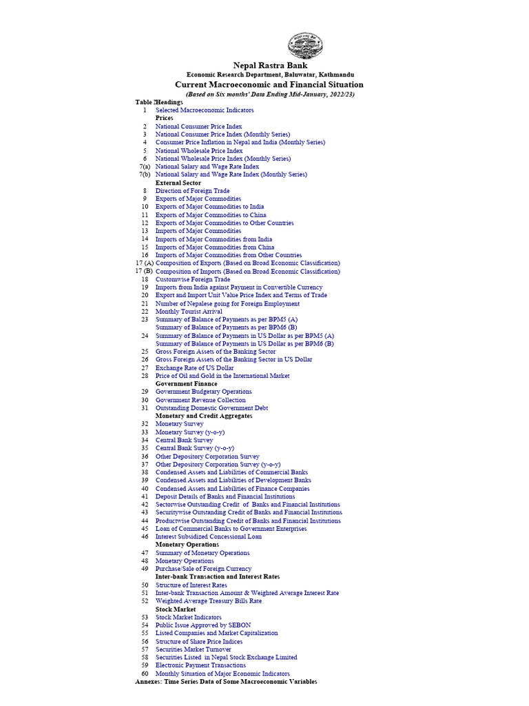 Current Macroeconomic and Financial Situation Tables Based On Six ...