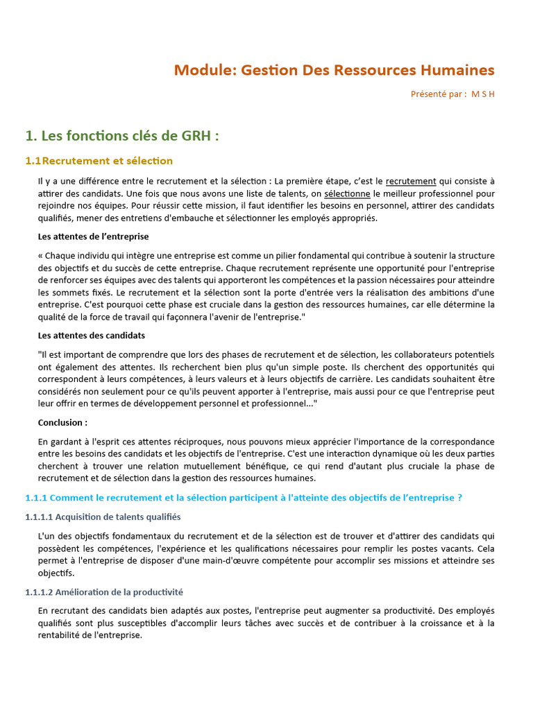 Partie 1 Les Fonctions Clés GRH Recrutement Et Selection | PDF | Recrutement | Business