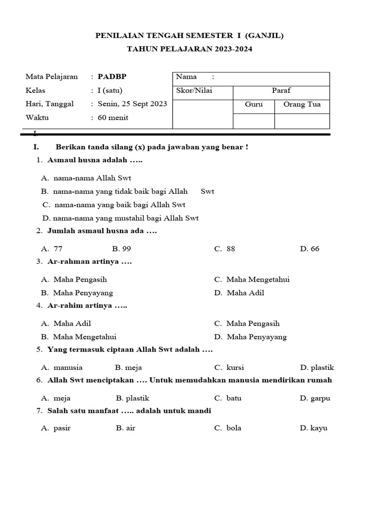 SOAL PTS PAI KLS 1 - 6 SMTR .1 TA. 23-24 | PDF
