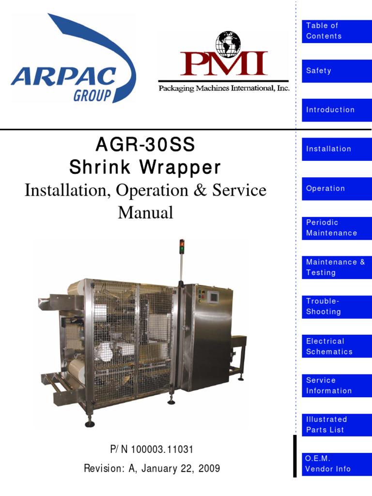 AGR-30SS Shrink Wrapping Machine Installation, Operation, & Service Manual | PDF