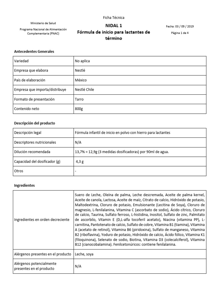 Ficha Tecnica Nidal 1 | PDF