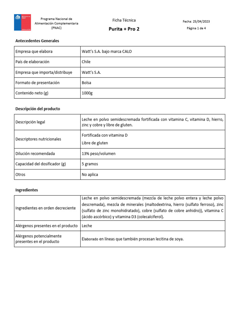 Ficha Tecnica Purita +pro2 Watt's | PDF | Leche | Nutrición