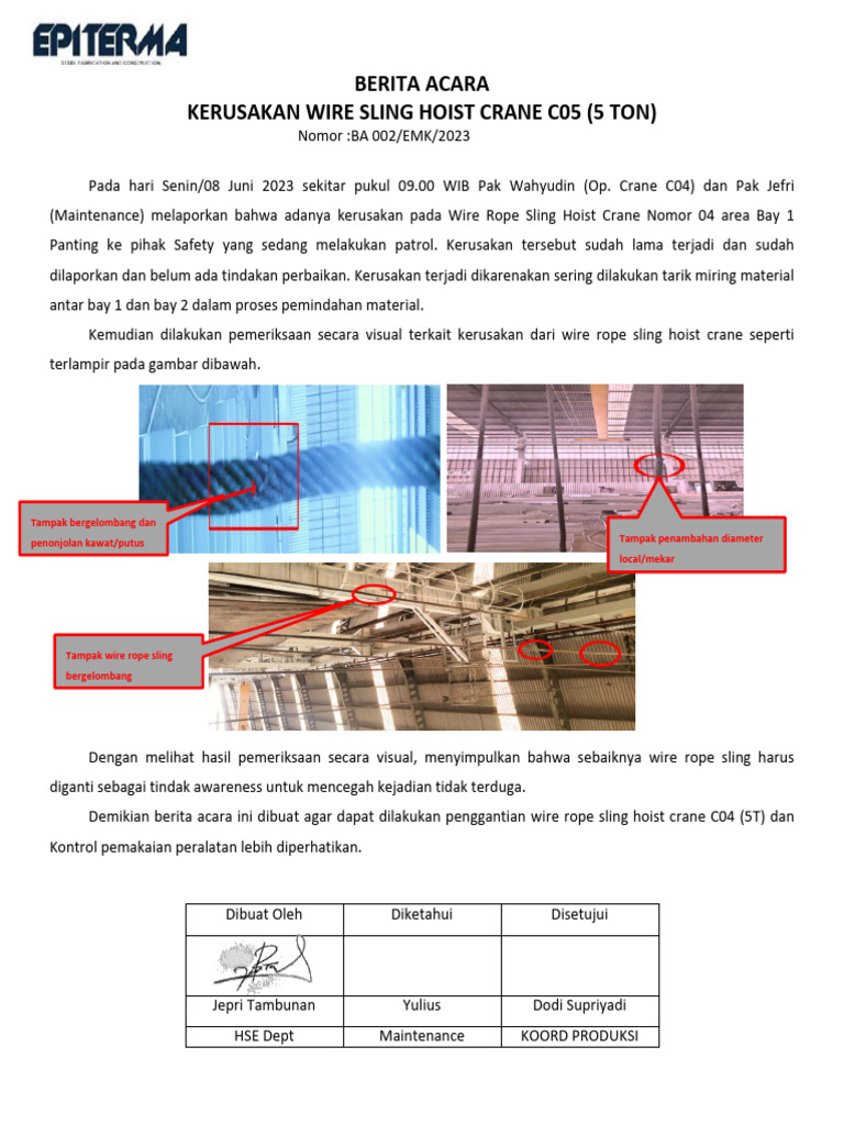 Contoh BERITA ACARA KERUSAKAN WIRE ROPE SLING HOIST CRANE C04 (5T) | PDF