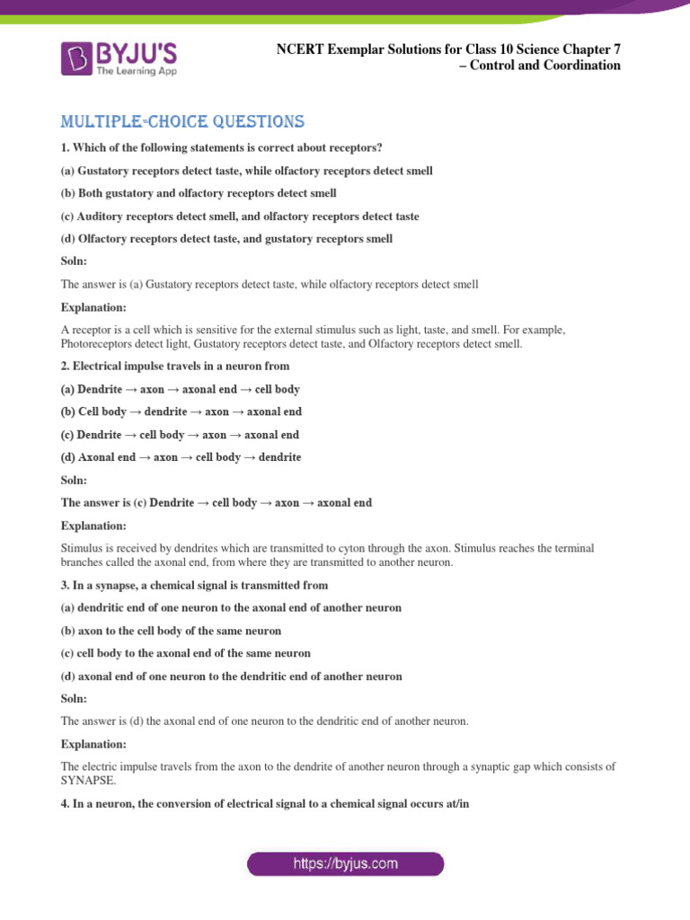 NCERT Exemplar Solutions For Class 10 Science Chapter 7 Control and Coordination | PDF