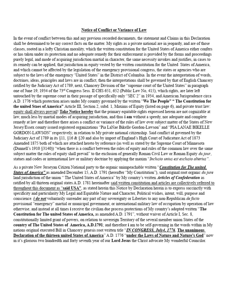 Notice of Conflict or Variance of Law For Bill in Equity | PDF | Equity (Law) | Trust Law