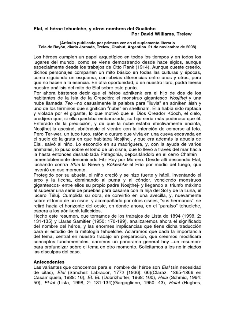 Elal El Heroe Tehuelche y Otros Nombres | PDF