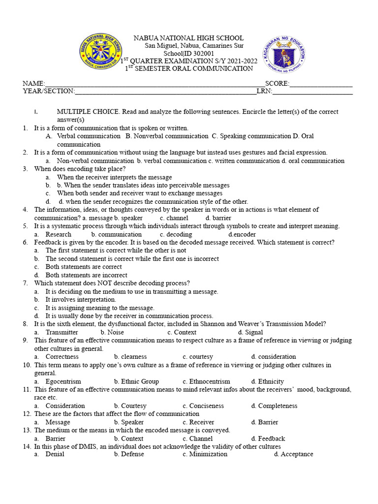 Oral Communication Exam - Nabua High School | PDF | Communication ...