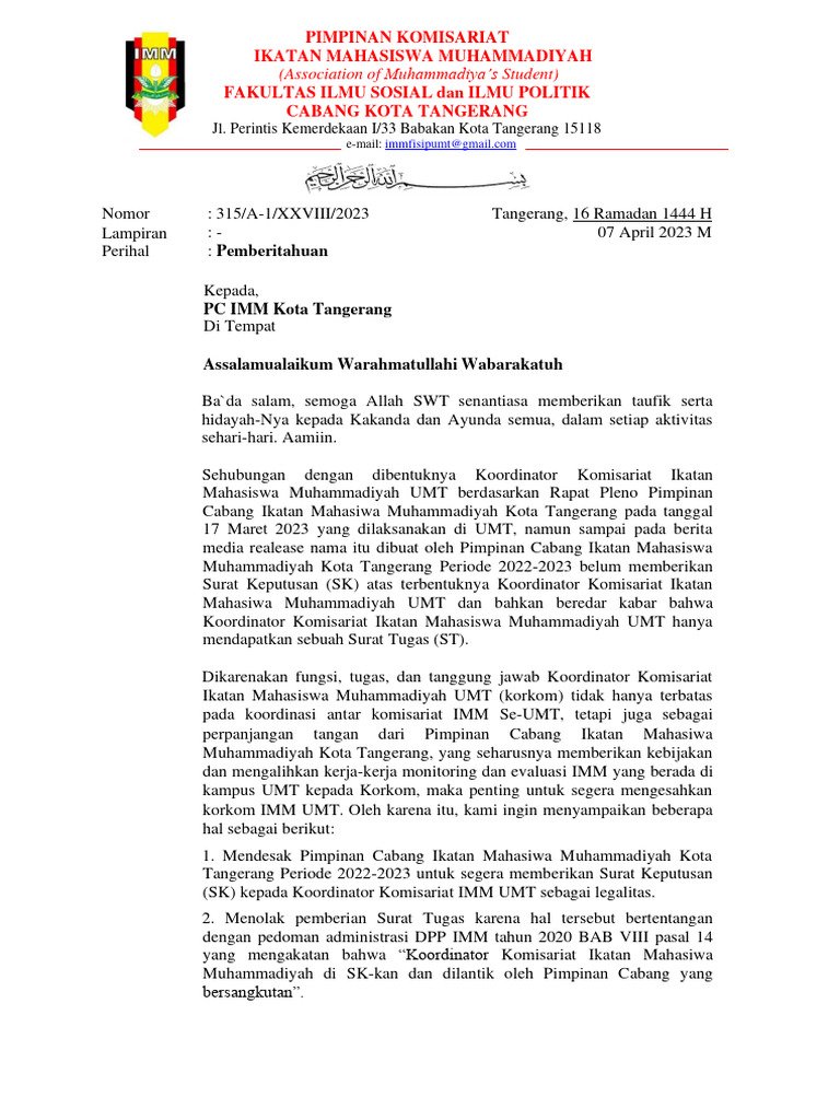 Surat Desakan Fisip SK Korkom IMM UMT. | PDF | Ilmu Sosial