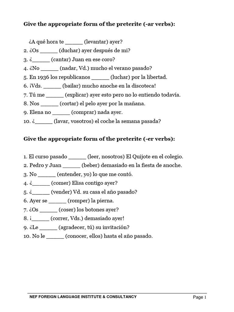Pretérito Worksheet | PDF