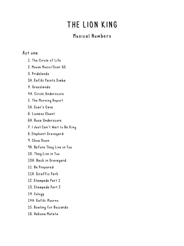 The Lion King Musical Numbers | PDF