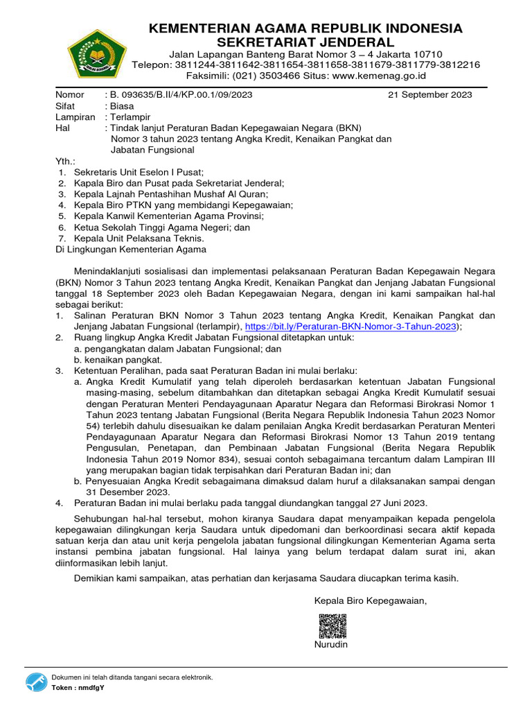 Surat Penyampaian Peraturan BKN Nomor 3 Tahun 2023 Angka Kredit Kenaikan Pangkat Dan Jenjang ...