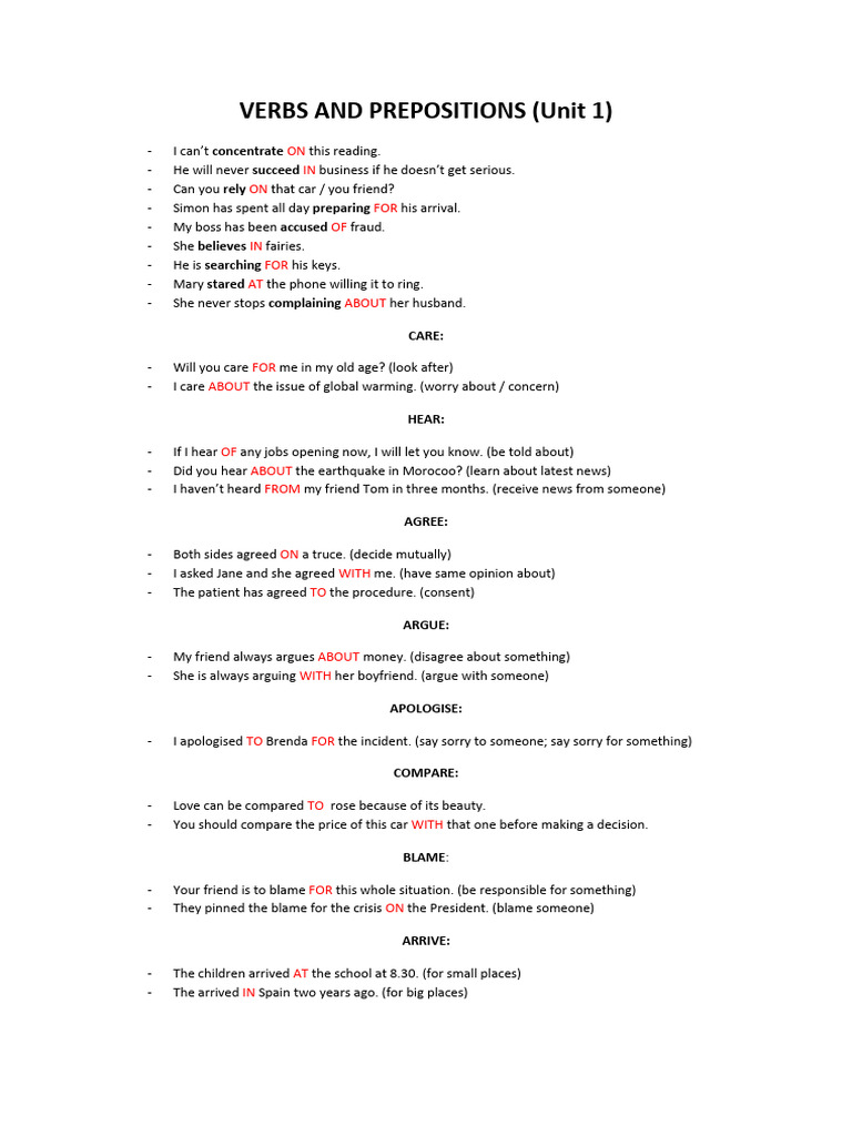 VERBS - AND - PREPOSITIONS Unit 1 | PDF