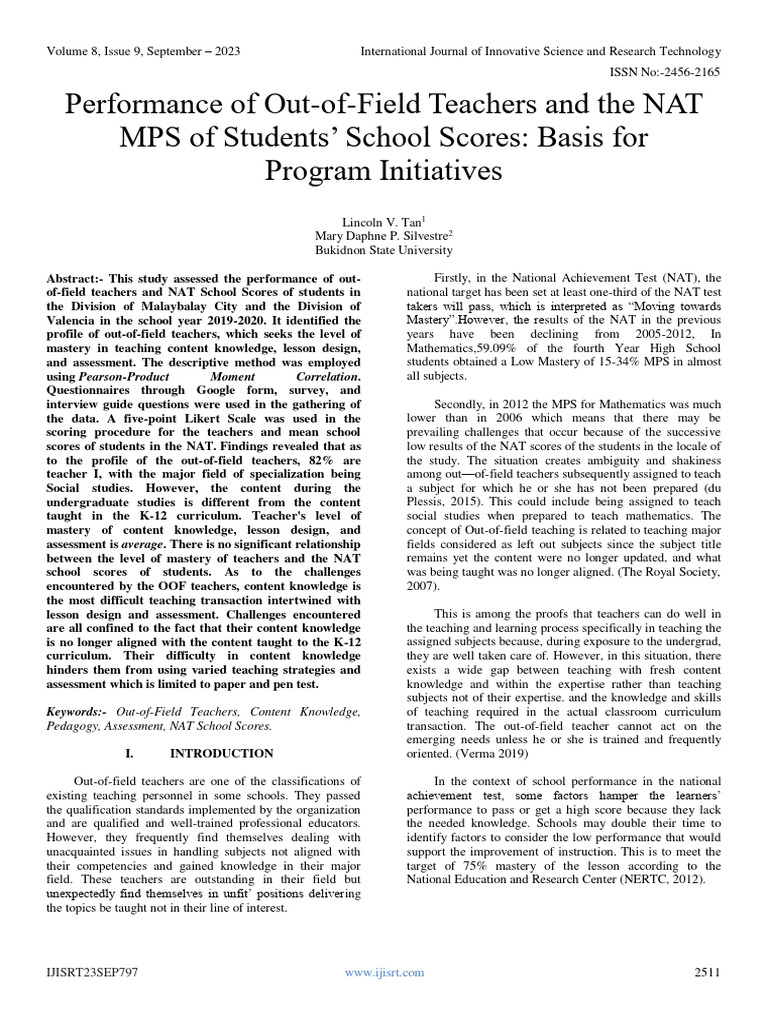 Performance of Out-of-Field Teachers and The NAT MPS of Students ...