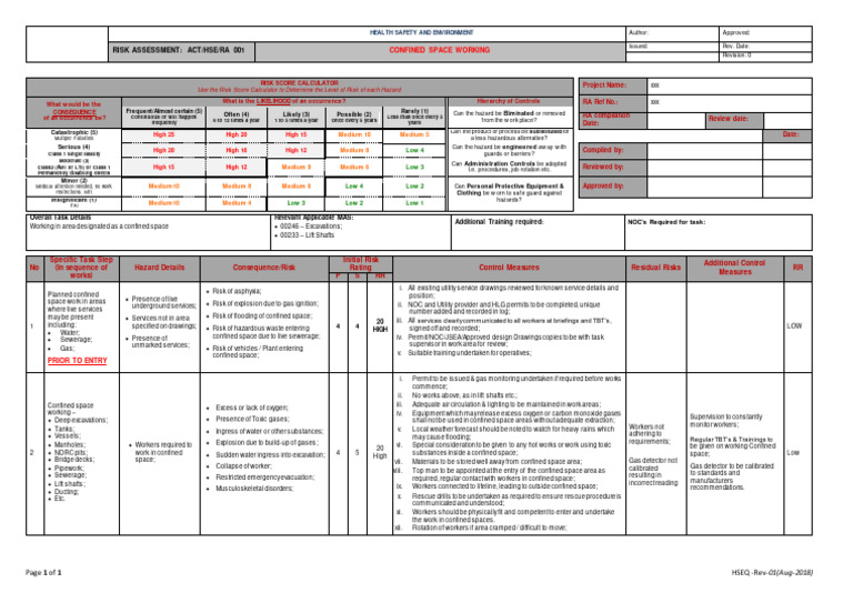 Confined Space Risk Assessment Guide | PDF | Occupational Safety And ...