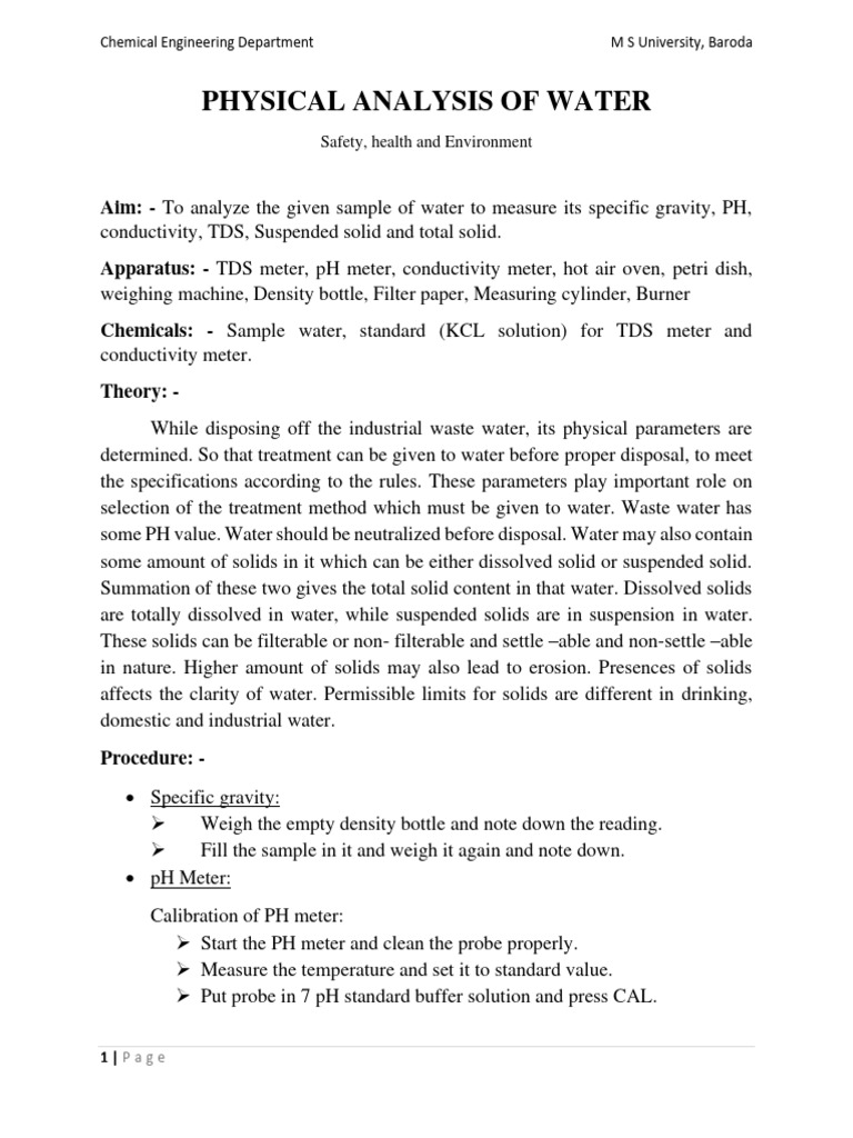 Water Physical Analysis Guide | PDF | Water | Ph