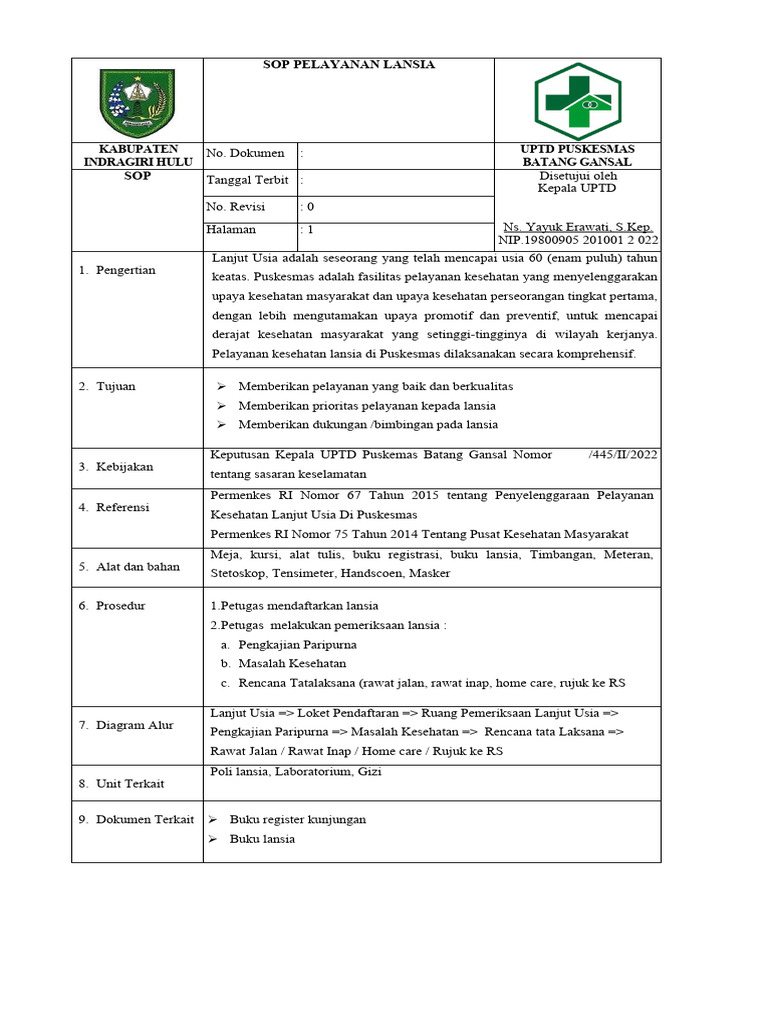 SOP Pelayanan Lansia Di Puskesmas | PDF