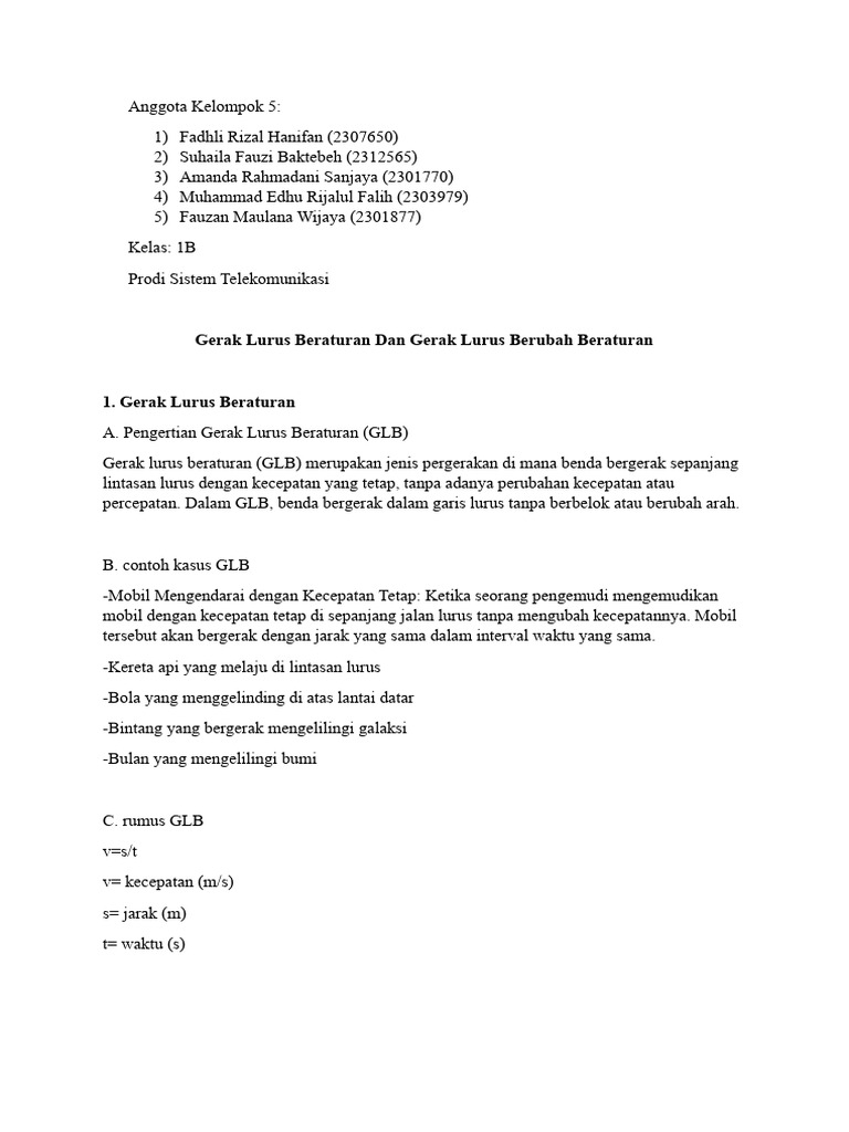 Contoh Kasus Dari Gerak Lurus Beraturan Dan Gerak Lurus Berubah Beraturan - Kelompok 5 | PDF