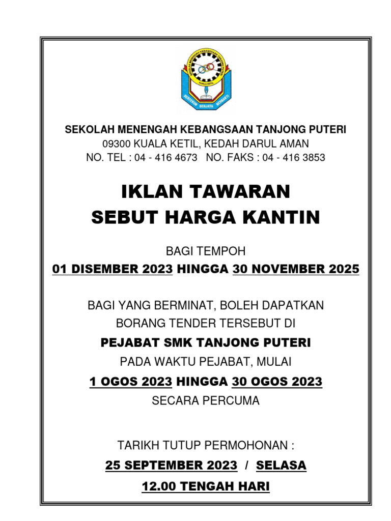 Iklan Tender Kantin SMKTPi - Emel | PDF