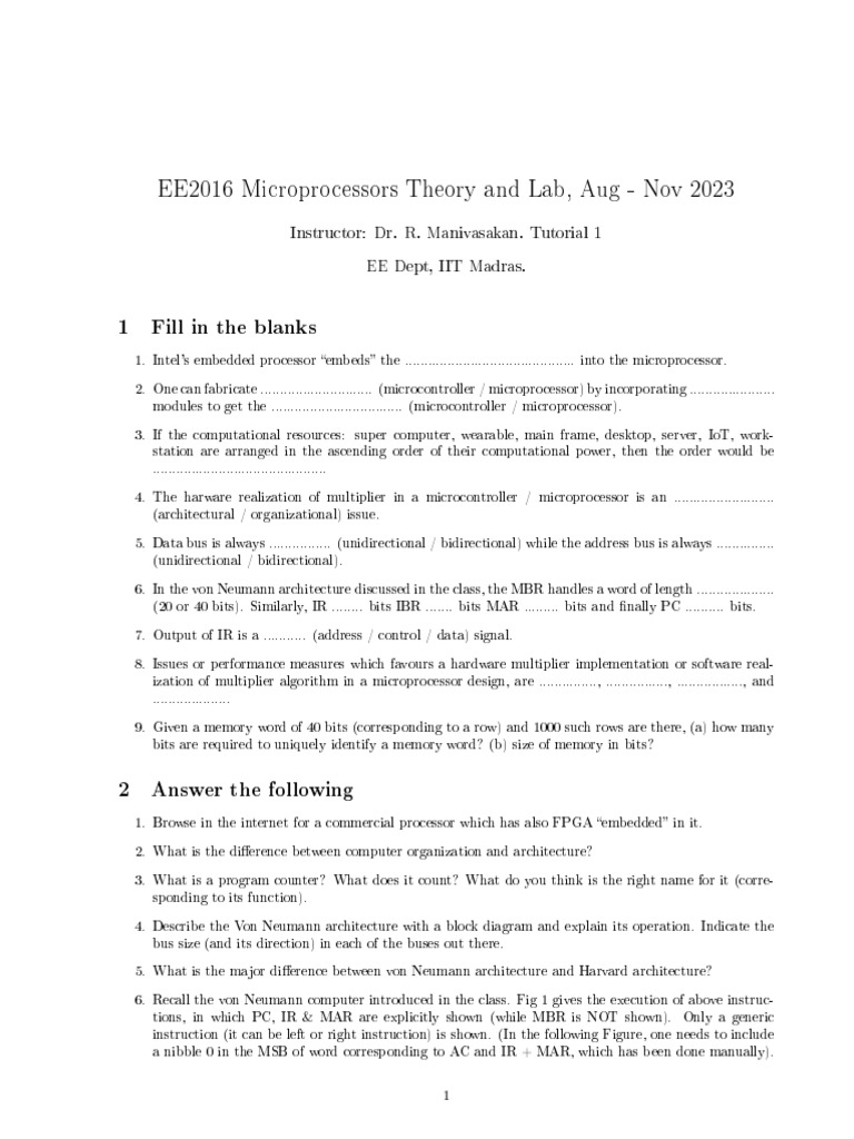 EE2016 F23 TTRL 1 | PDF | Microprocessor | Classes Of Computers