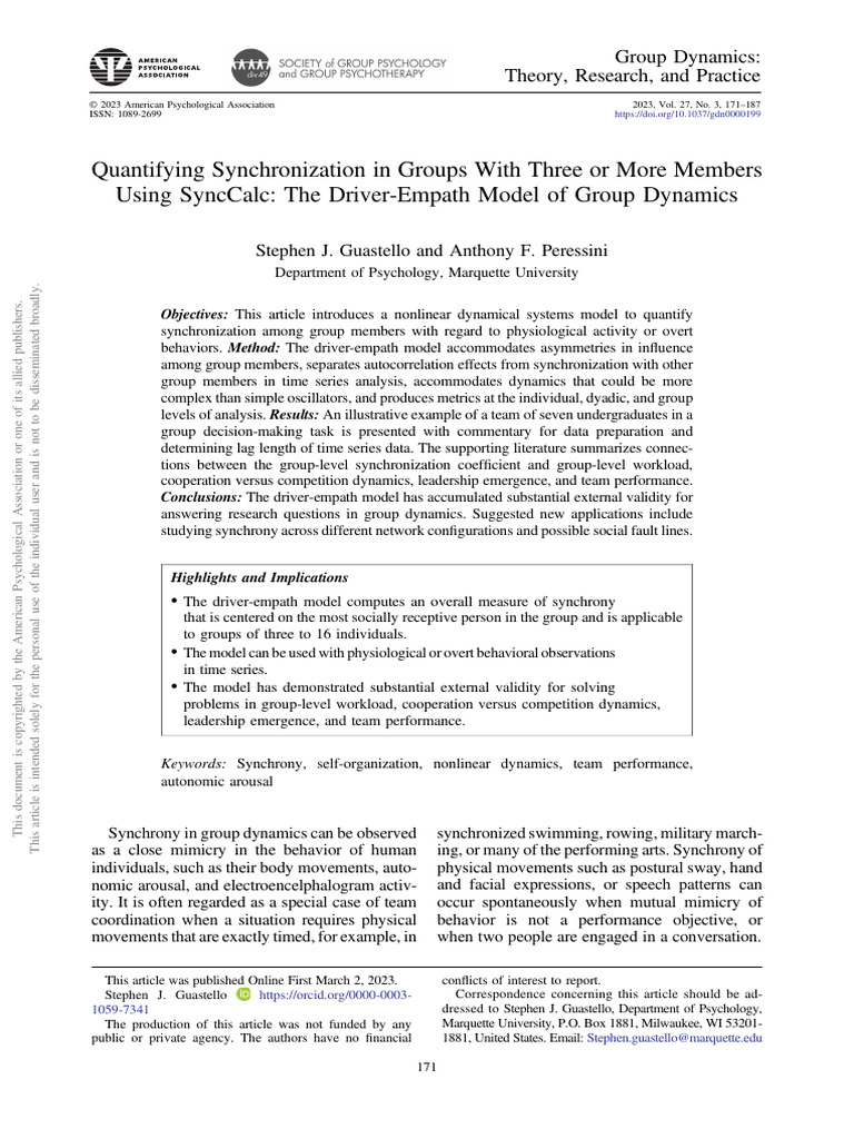 Quantifying Synchronization in Groups With Three or More Members Using Synccalc: The Driver ...