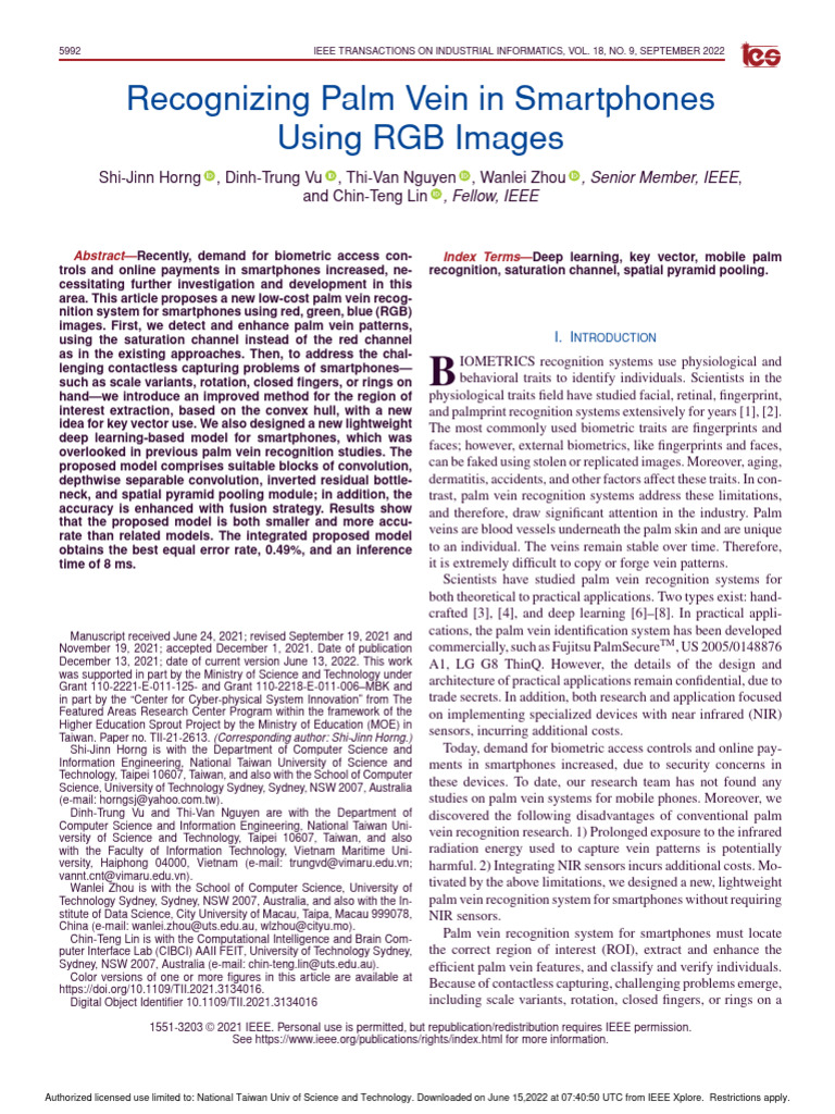 Recognizing Palm Vein in Smartphones Using RGB Images | PDF | Deep Learning | Biometrics