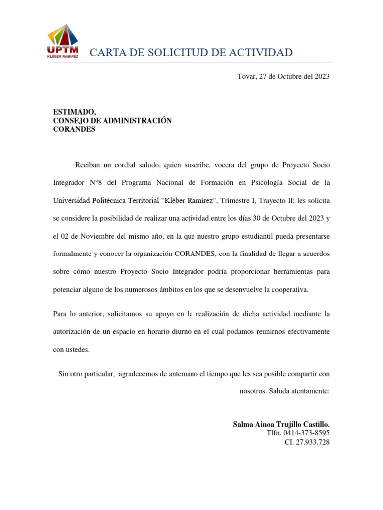 Carta de Solicitud de Actividad - 040300 | PDF
