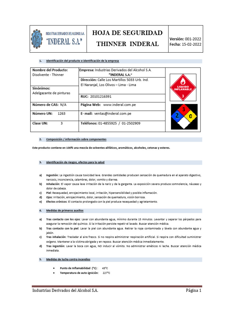 Hoja de Seguridad Thinner - INDERAL S.A. | PDF | Química | Ciencias fisicas