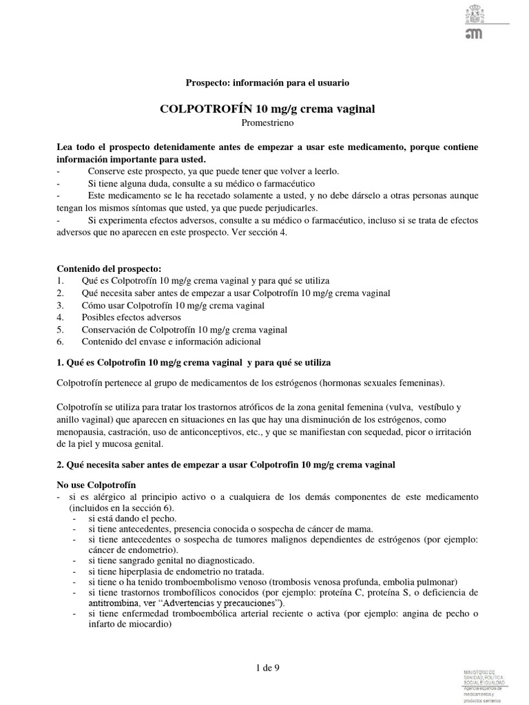 COLPOTROFÍN 10 MG/G Crema Vaginal | PDF | Terapia de reemplazamiento de ...
