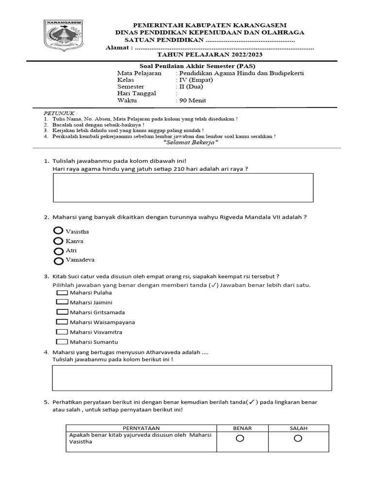 Soal PAS Agama Hindu Kelas IV | PDF | Pengembangan Diri | Agama & Spiritualitas