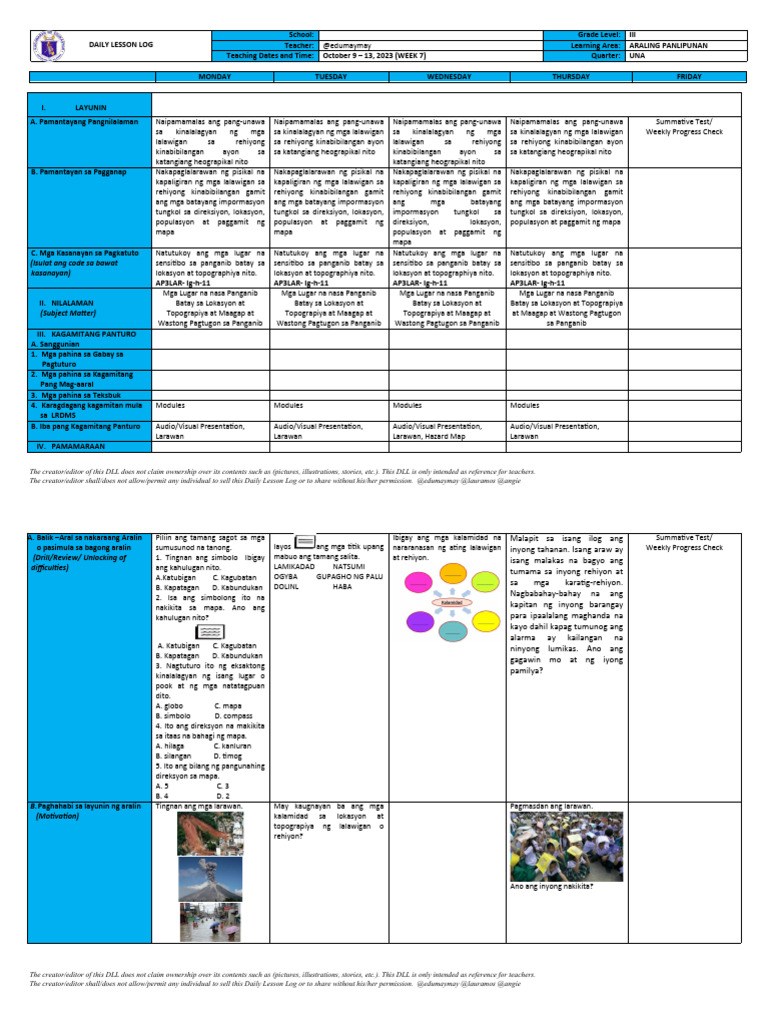 DLL - ARALPAN3 - Q1 - W7 Mga Lugar Na Nasa Panganib Batay Sa Lokasyon ...