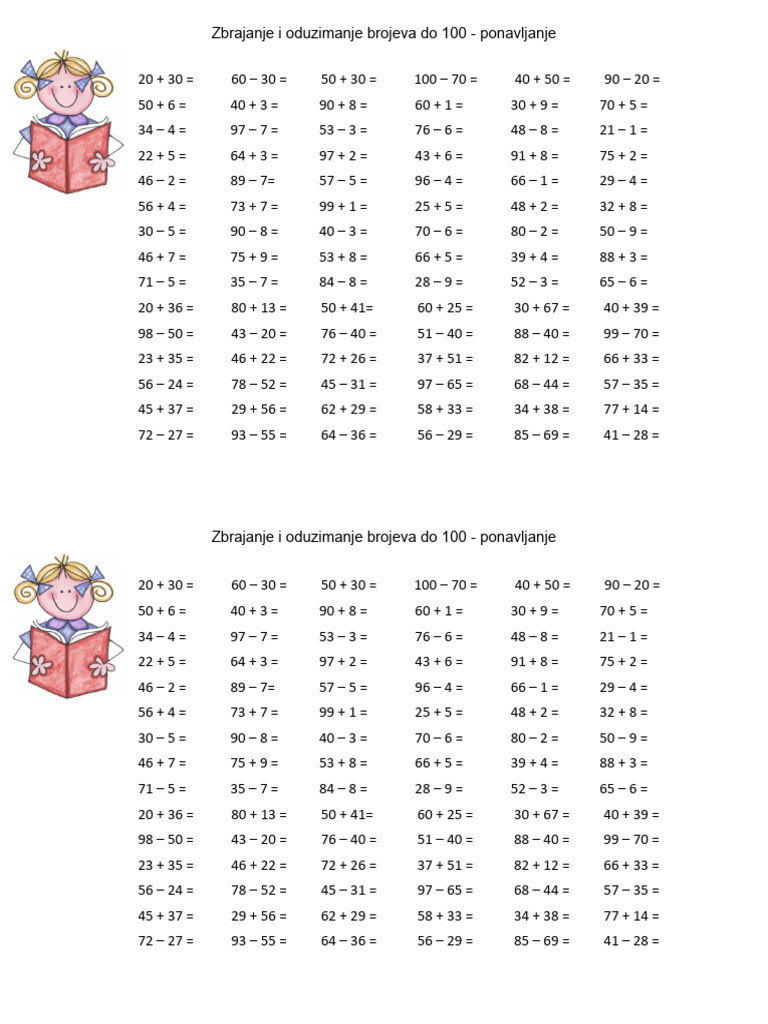 Zbrajanje I Oduzimanje Brojeva Do 100 - Ponavljanjebozana25 | PDF