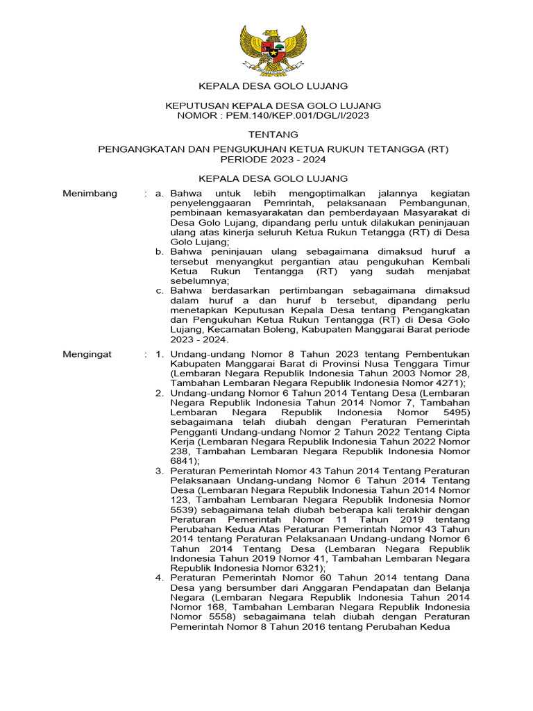 Pengangkatan Ketua RT Desa Golo Lujang | PDF