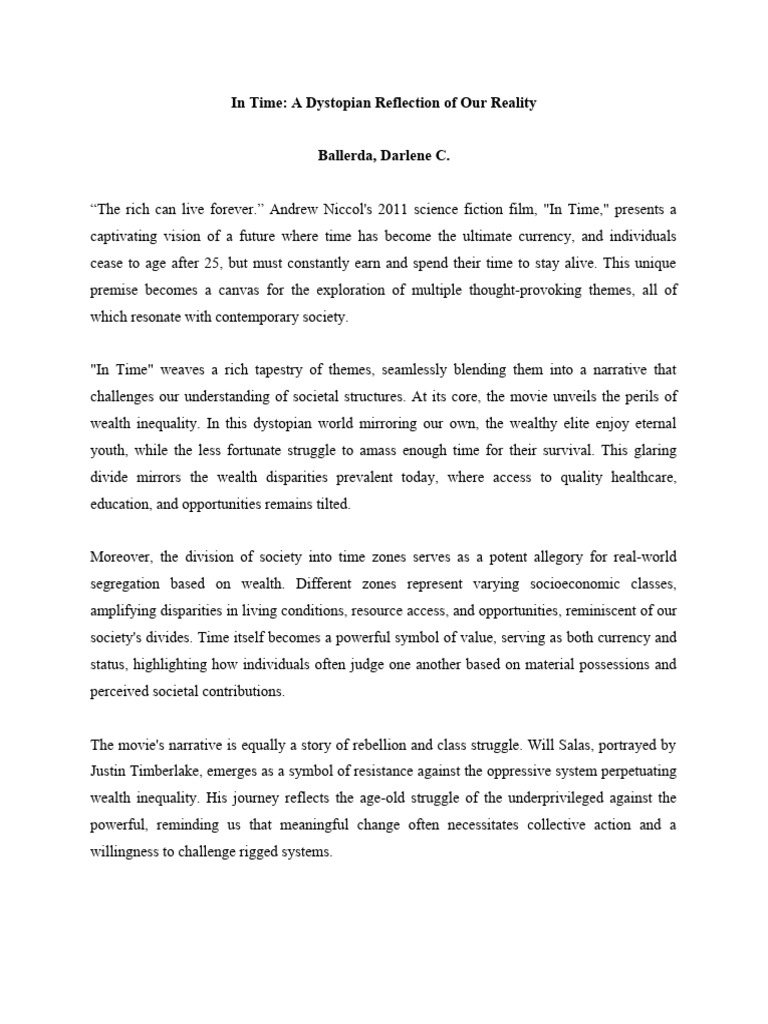 In Time - A Dystopian Reflection of Our Reality - Film Critique Paper ...
