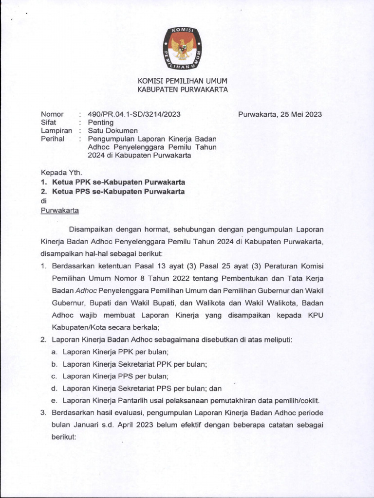 Yth. PPK & PPS-Pengumpulan Laporan Kinerja Badan Adhoc | PDF