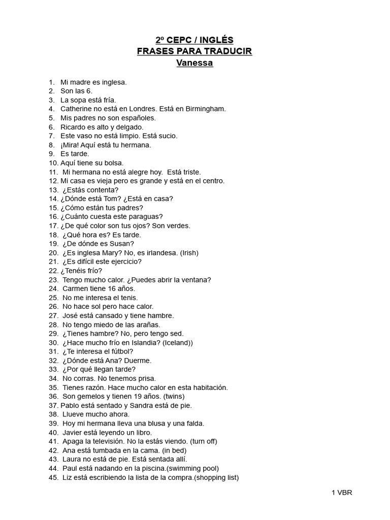 2º CEPC - INGLÉS Frases para Traducir | PDF | Artes del Lenguaje y ...