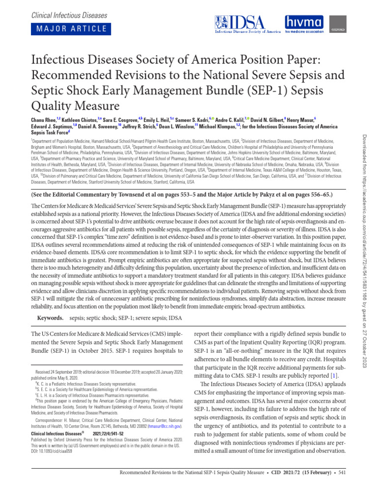 Infectious Diseases Society of America Position Paper, Recommended ...