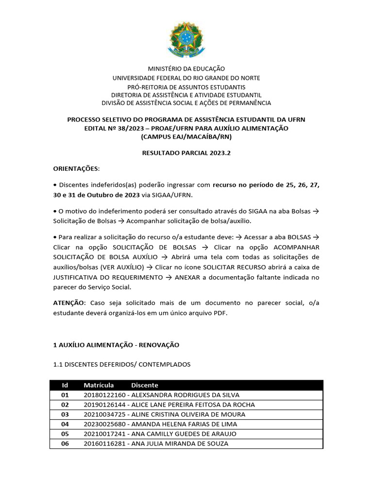 Resultado Parcial Auxílio Alimentação UFRN | PDF