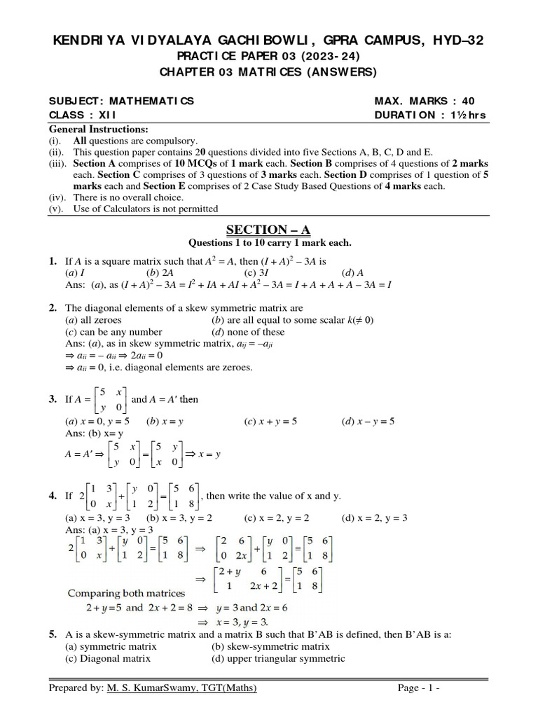 Maths Class Xii Chapter 03 Matrices Practice Paper 03 Answers | PDF | Matrix (Mathematics ...