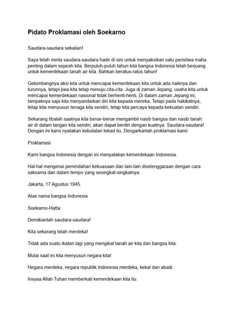 Pidato Proklamasi Oleh Soekarno | PDF