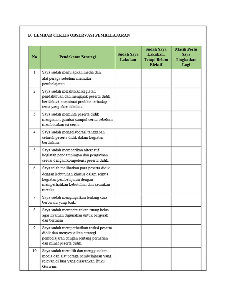 Lembar Ceklis Observasi Pembelajaran | PDF