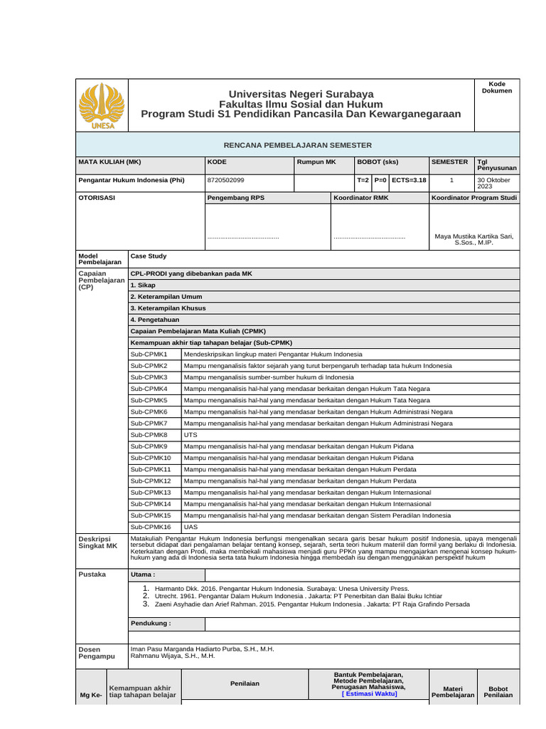 RPS Pengantar Hukum Indonesia (Phi) | PDF